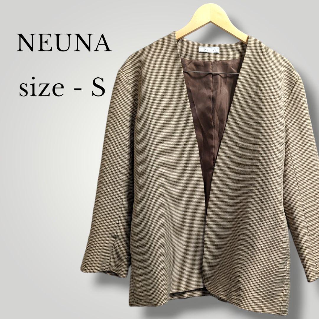 【S】NEUNA ノーカラージャケット 千鳥格子 ブラウン ベージュ系 良品 by メルカリ