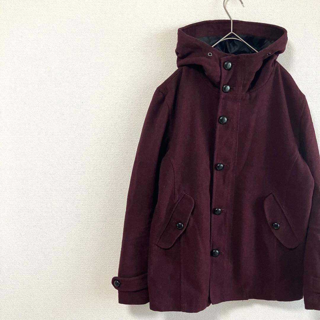 C1484 SOYOUS（M）ウールコート フード付き ワインレッド 綿混 - メルカリ