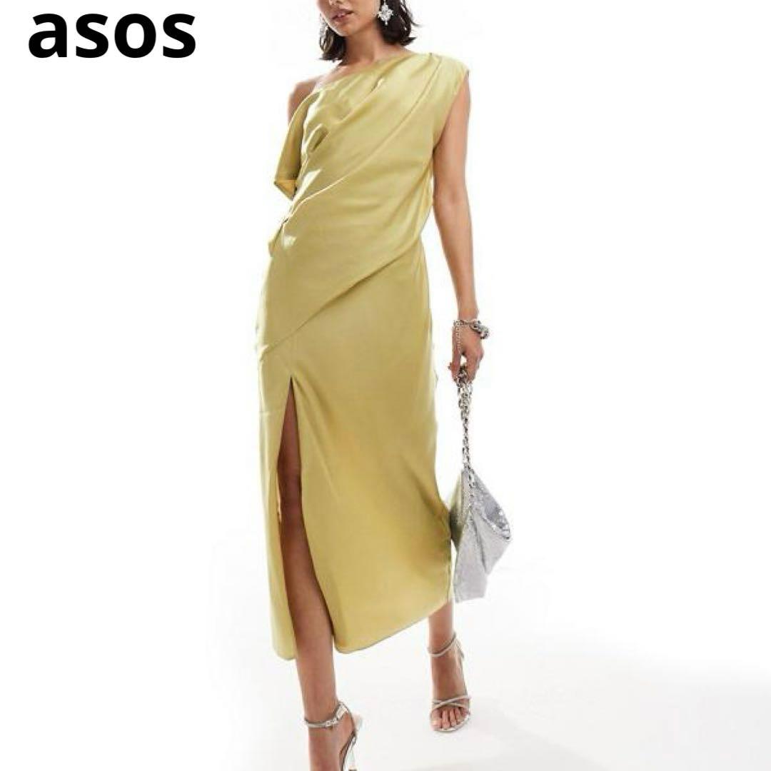 asos DESIGN オフショルスリットサテンドレスワンピース XS ライム - メルカリ