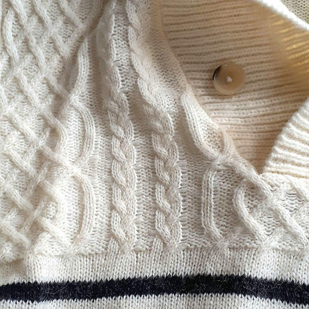 Ikkaの紺と白のストライプ ニットメンズセーター/ケーブル編み ショールカラー - メルカリ