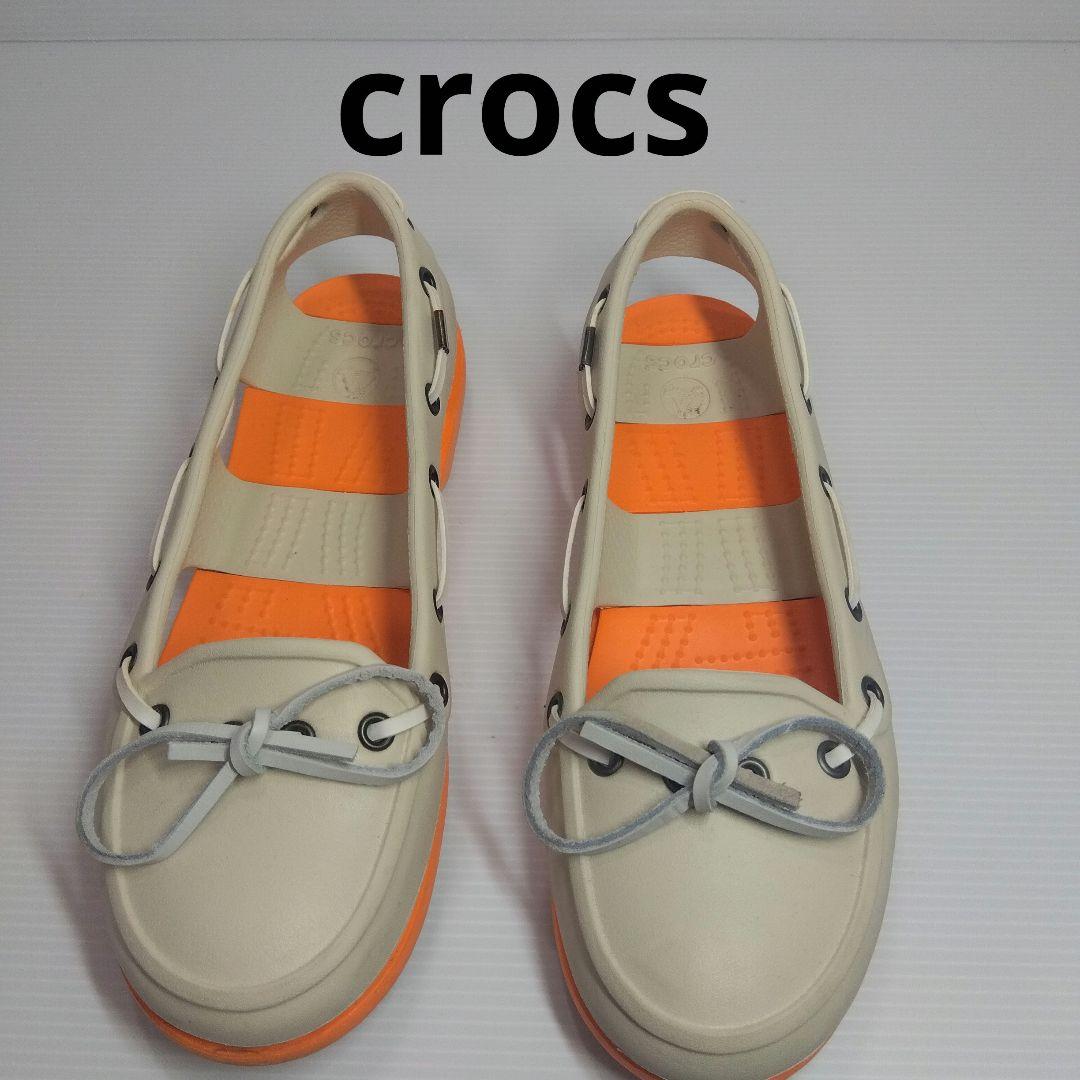 crocsクロックスデッキシューズ★W5ベージュ×オレンジ★オープントゥサンダル - メルカリ
