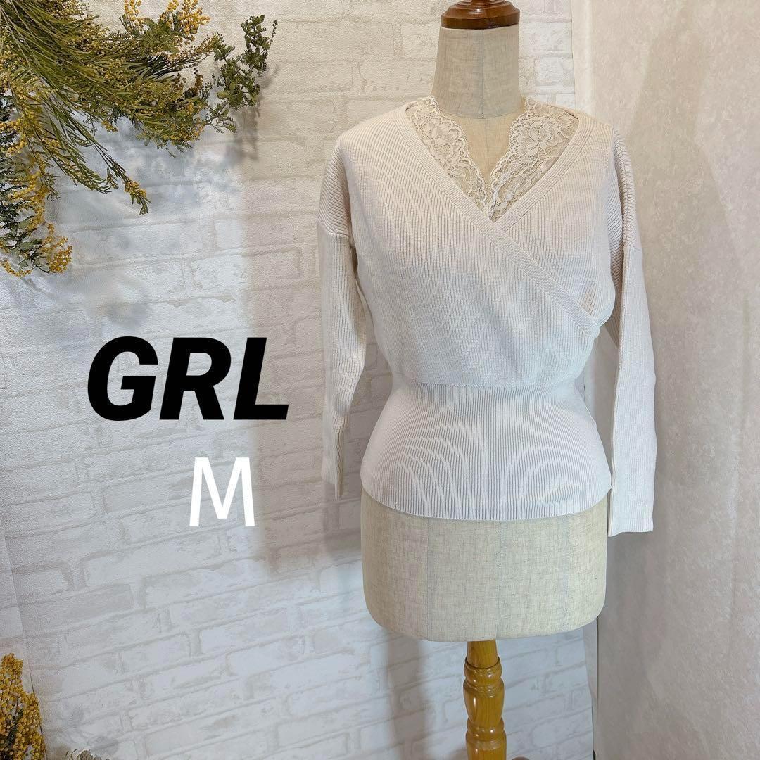 GRL【M】カシュクールニットトップス/レースドッキング アイボリー 関西ファ by メルカリ